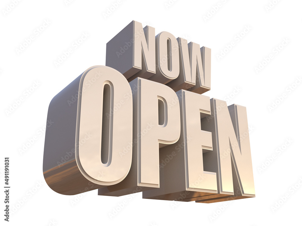 Isolated 3D NOW OPEN Word in White Color on White Background 3D ...