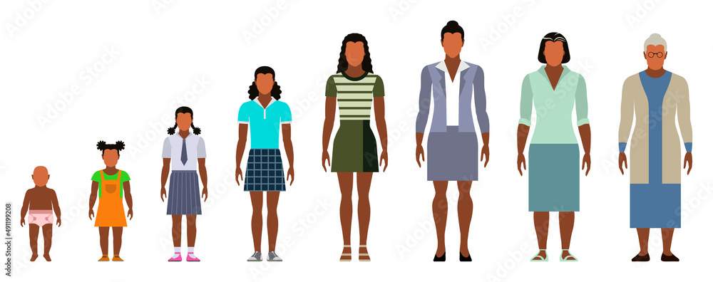 Woman life cycle flat vector illustration. Stages of aging women. The ...