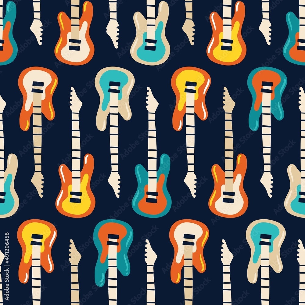Retro electro guitars seamless pattern. Hand drawn colorful ...