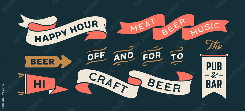 Vetor de Vintage graphic set. Ribbon, flag, arrow, board with text Beer ...
