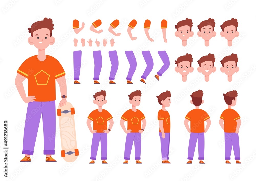 Kid front animation. Boy character infographic constructor for animator ...