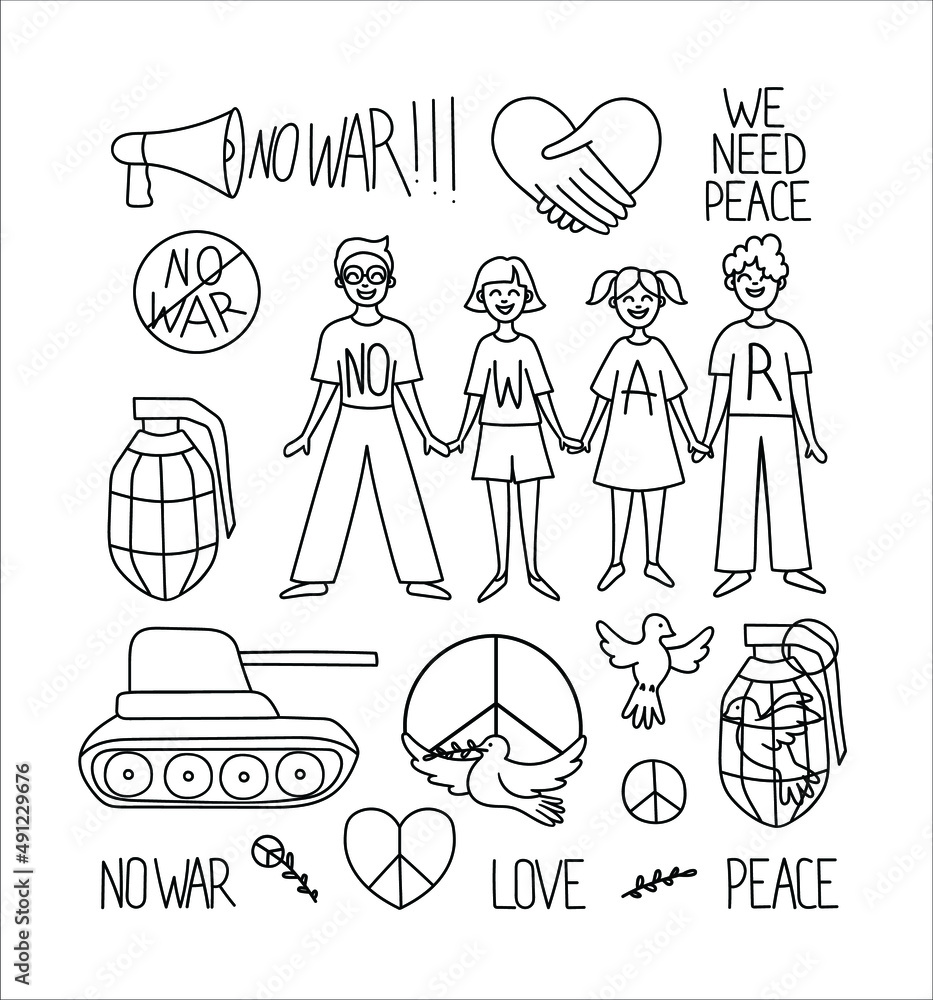 set of doodle drawings, no war, people want peace. Friendly people ...