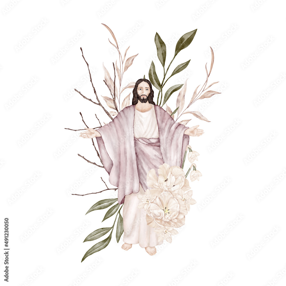 Jesus Christ among flowers and branches Stock Illustration | Adobe Stock