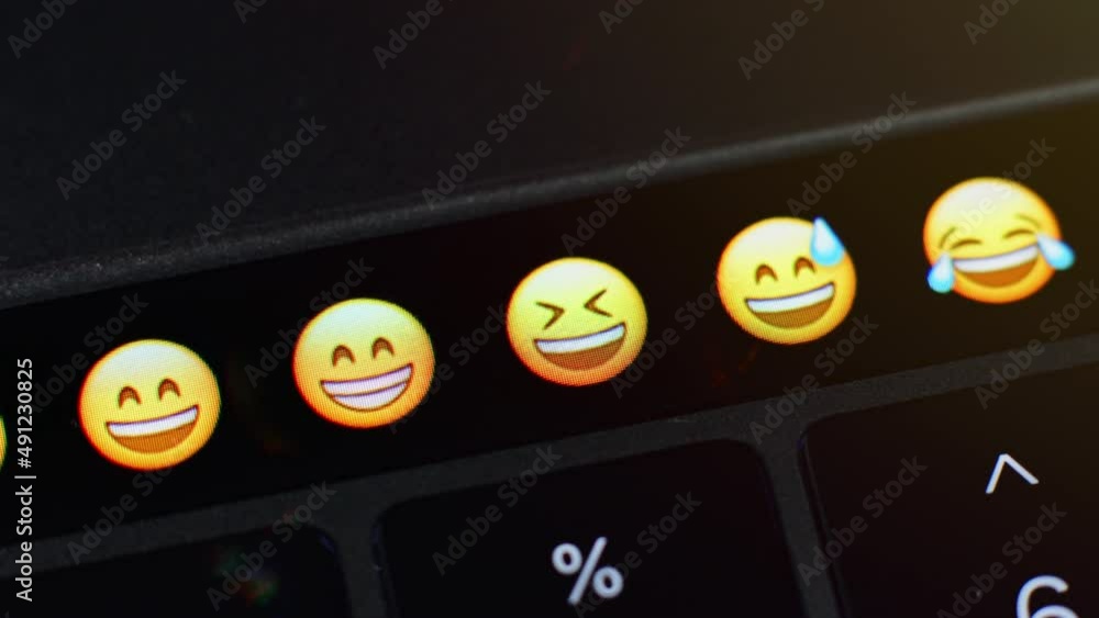 Selects the mock emoji from a range of other emoji on the laptop and ...