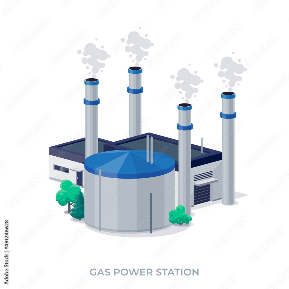 Natural gas power plant station. Gas-fired thermal that burns natural ...