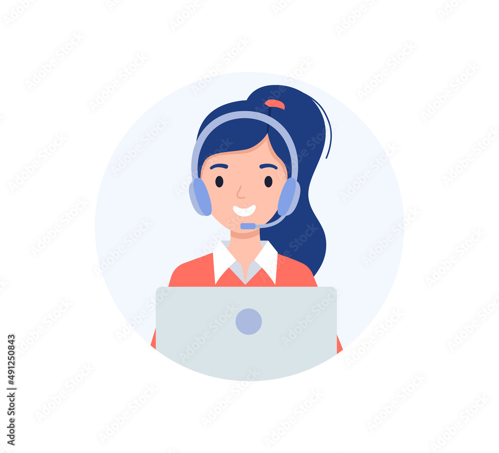Avatar of the call center operator. Girl with headphones and a laptop ...