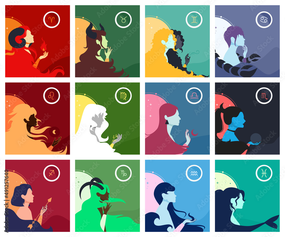 Vector illustration with zodiac astrological female characters. Set of ...
