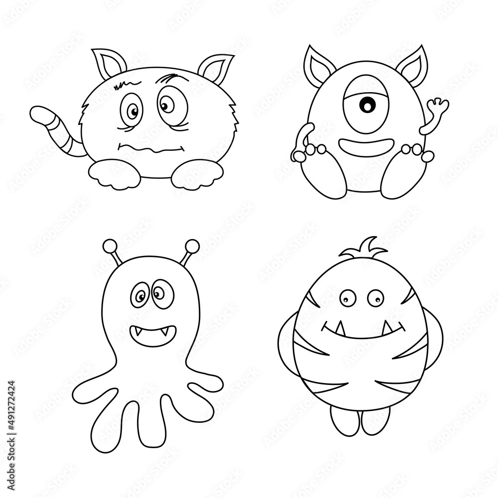 A set of cute outline monster characters. Cartoon vector illustration ...