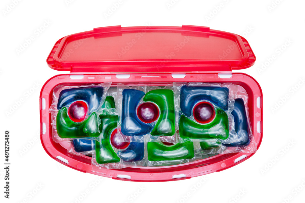 Box with capsules for washing on a white background. Isolated. Laundry ...