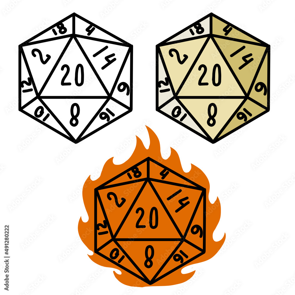 Cartoon dice for fantasy dnd and rpg Board game. Flaming d20 Stock ...