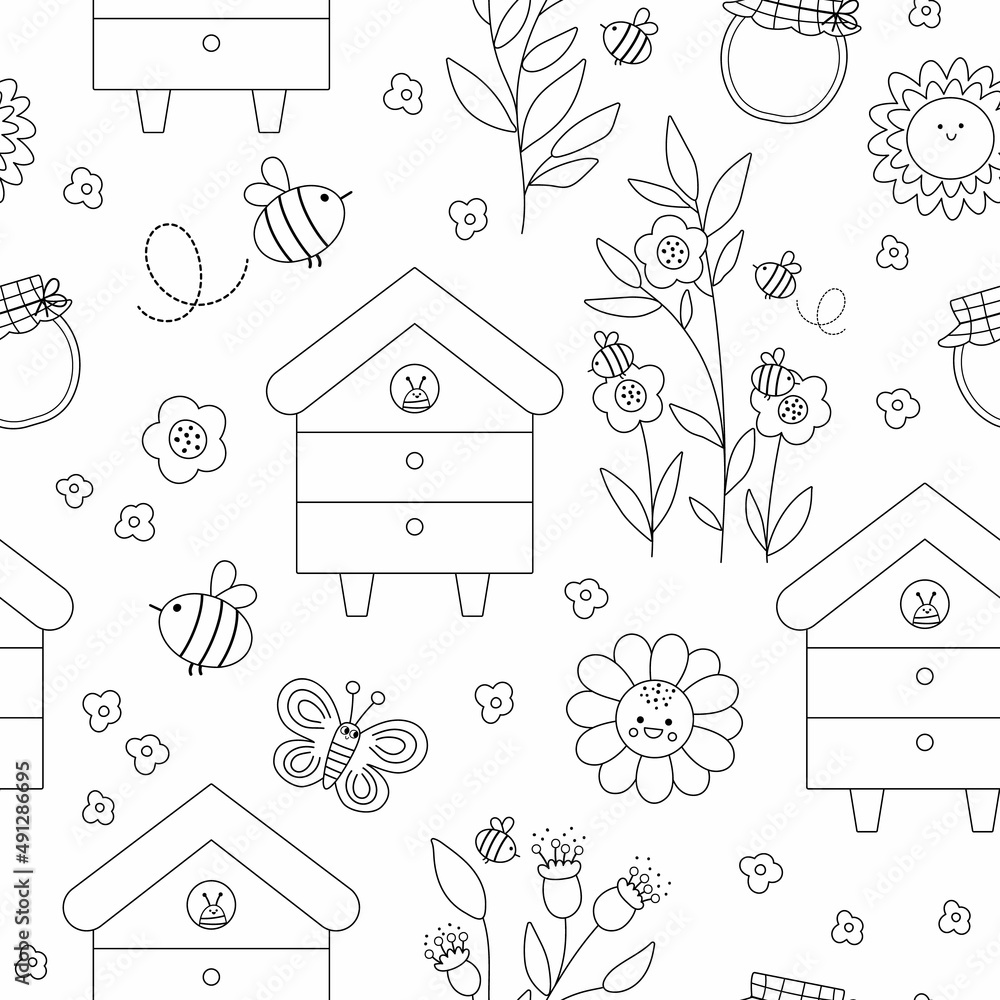 Vector black and white apiary seamless pattern. Farm honey making ...