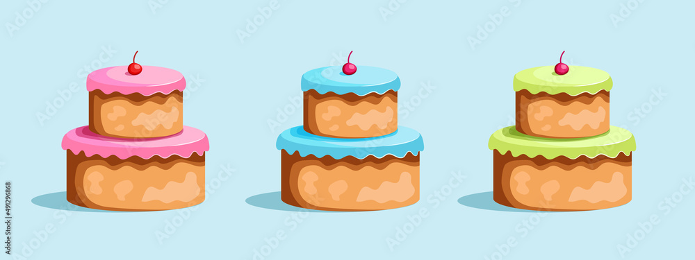 Cakes. Set of vector cartoon cakes. Two-story cake with multi-colored ...