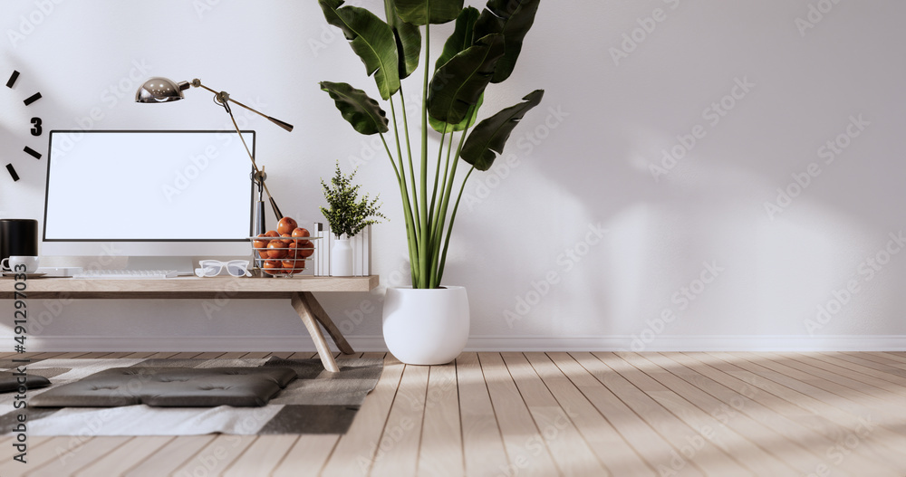 Mock up office table desk. blank computer screen in office modern room ...
