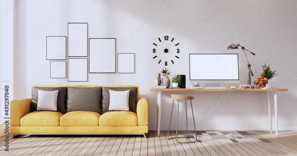 Mock up office table desk. blank computer screen in office modern room ...