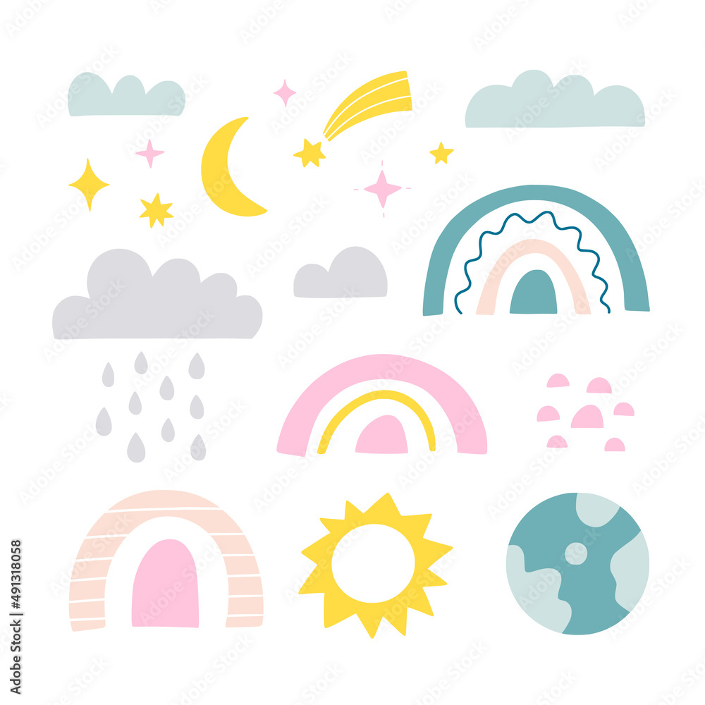 Cute nature elements. Abstract colorful vector forms. Rainbow, clouds ...