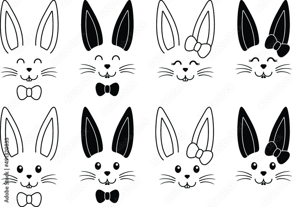 Simple Bunny Face Clipart Set - Outline and Silhouette Stock Vector ...