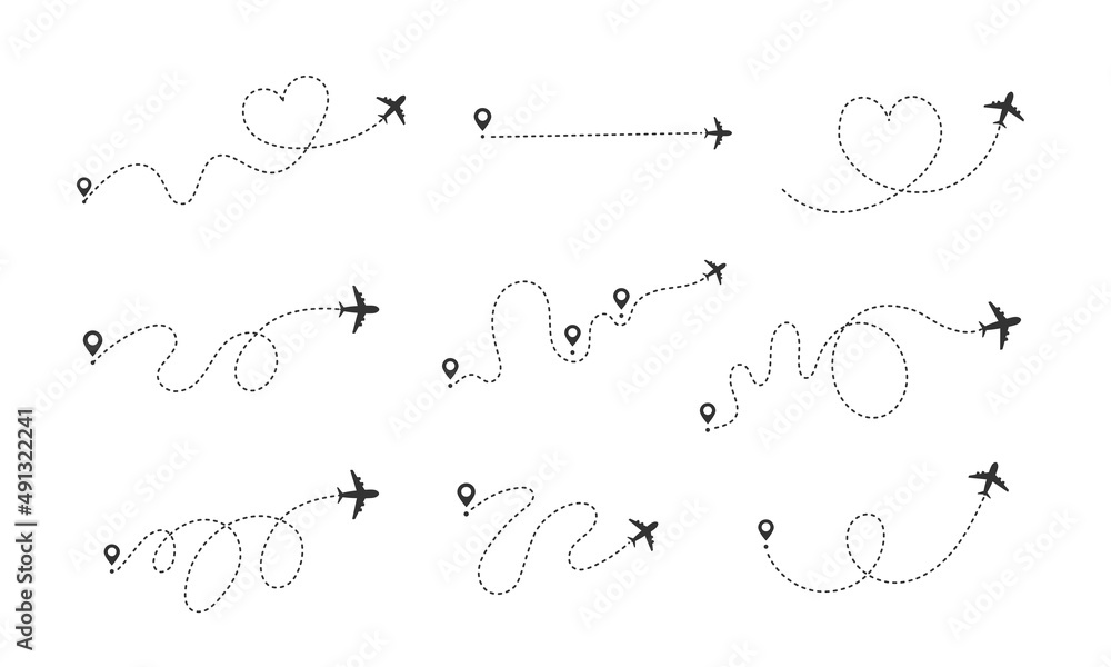 Airplane dashed lines path with start point and dash line trace vector ...
