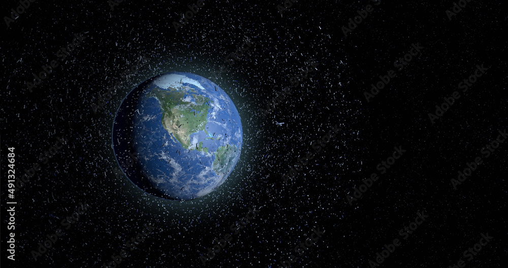 Space debris floating in the orbit of planet Earth. Old satellites ...