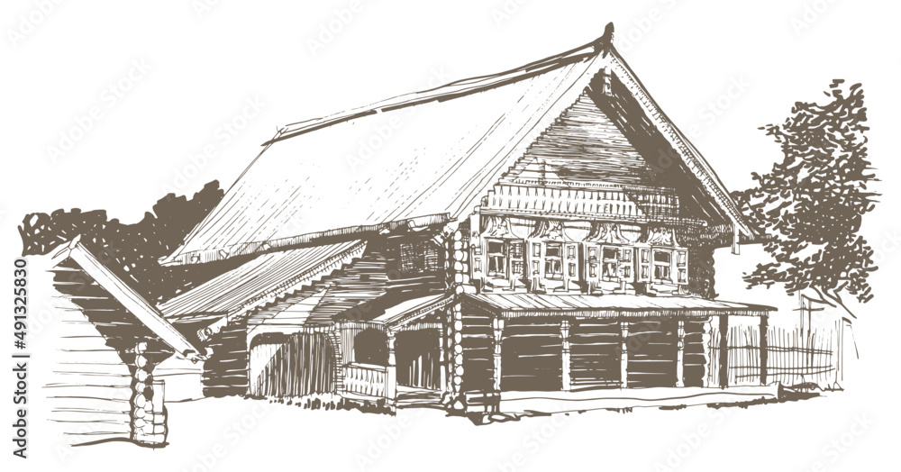 Vector traced Vintage ink and pen sketch of wooden Russian north house ...