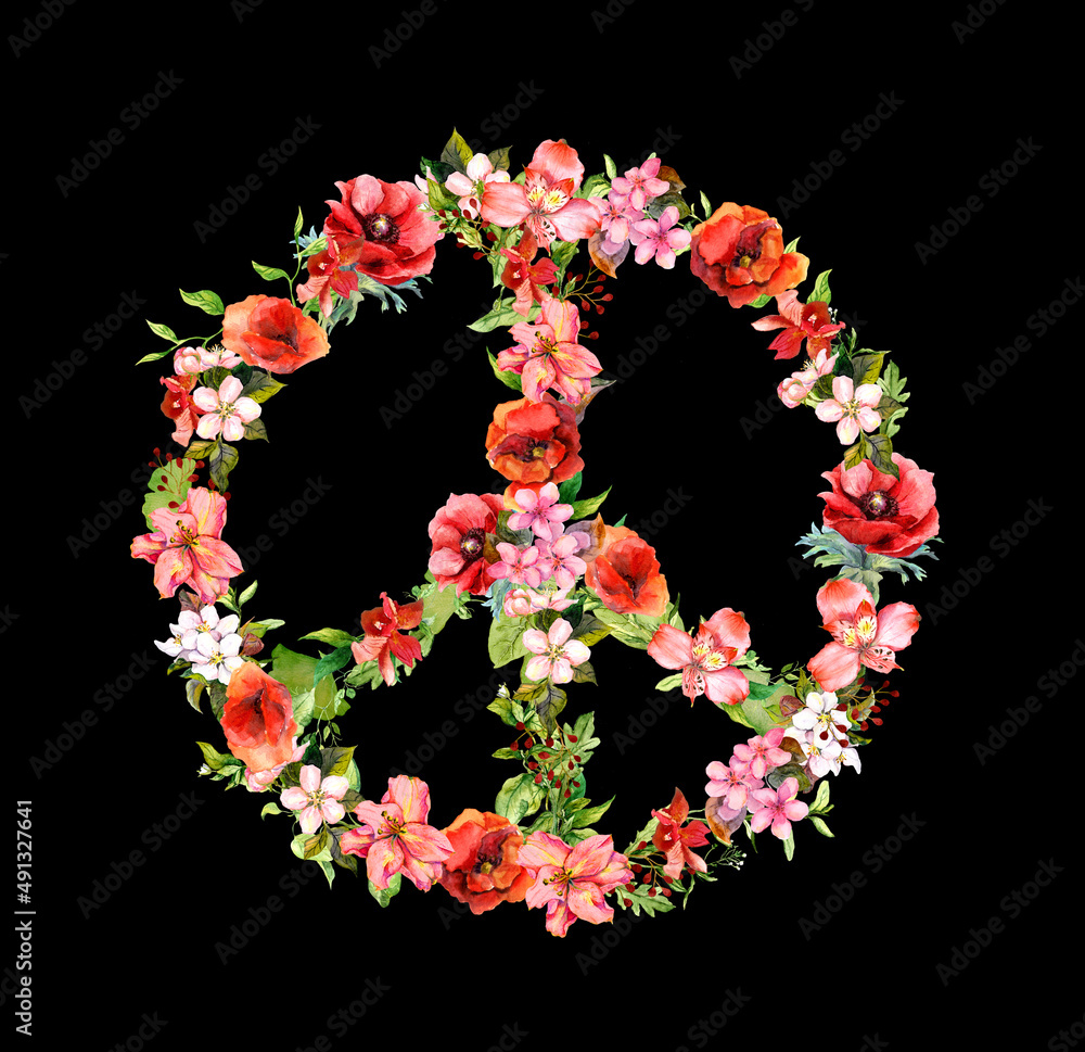 Peace sign with flowers. Beautiful floral watercolor illustration with ...