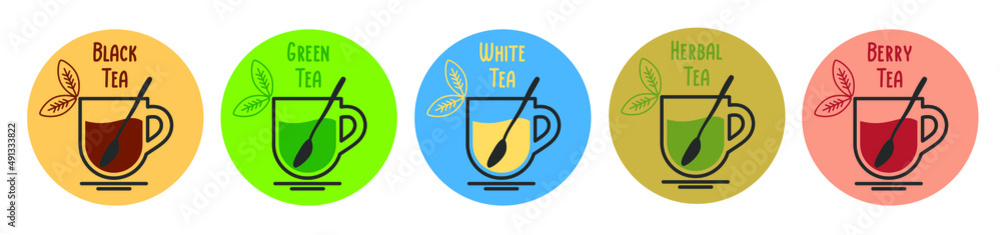 Icon set of tea cups with teaspoon, hot drink. Black, green, white ...