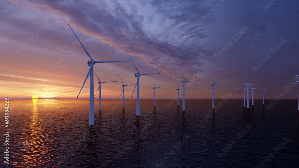 8K Ultra Hd. Offshore Wind Turbines Farm at sunset. Stock Photo | Adobe ...