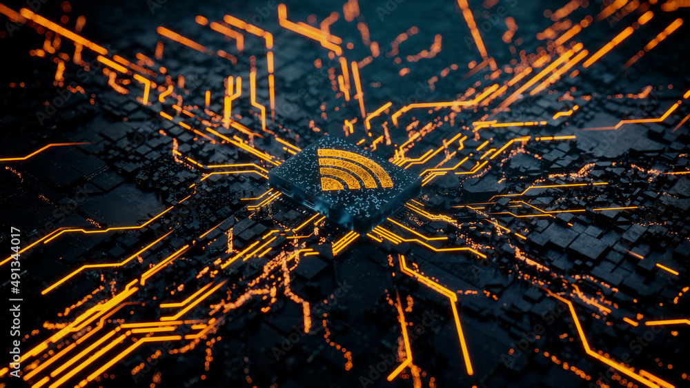 Wireless Technology Concept with wifi symbol on a Microchip. Data flows ...