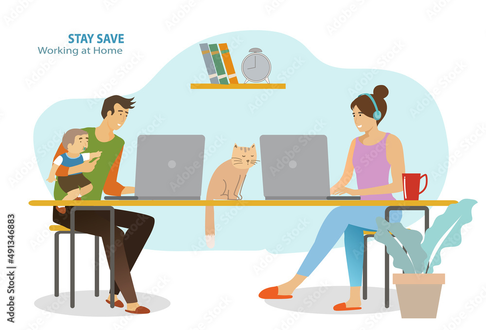 Stay save, Work at home. A man holding his son with his wife working on ...