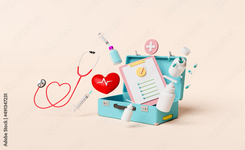 first aid kit bag with check list, stethoscope, syringe, red heart and ...