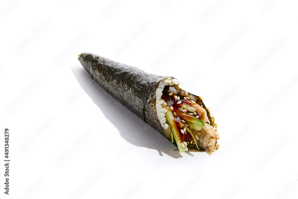 Japanese temaki sushi with eel, cucumber and unagi sauce on white ...