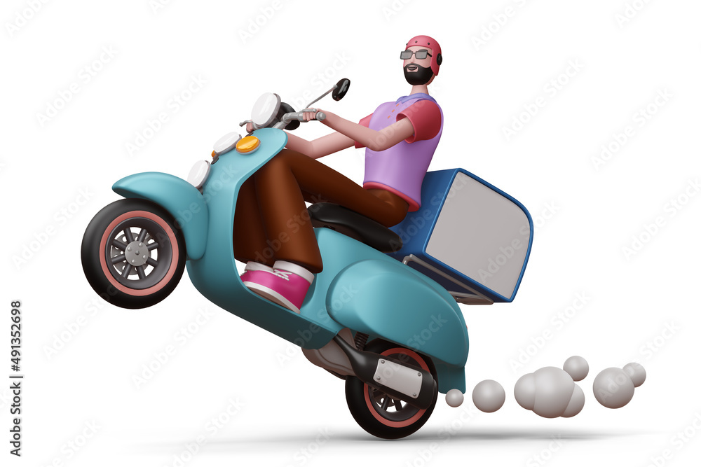 Delivery man riding a motorcycle with delivery box, 3d rendering Stock ...