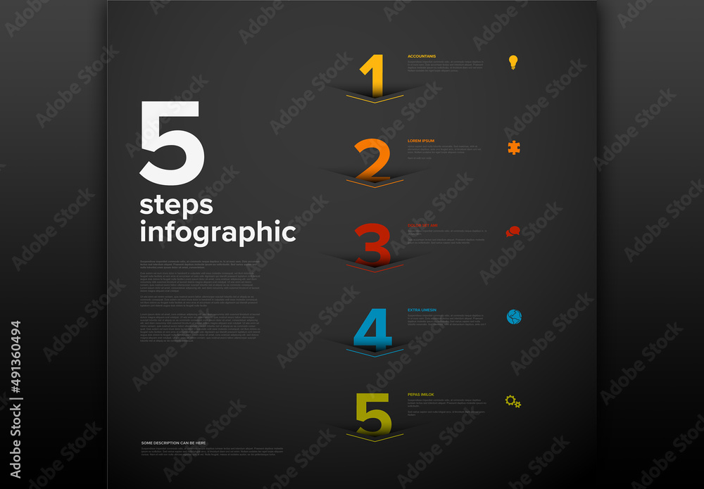 Five Dark Color Vertical Steps Progress Page Layout Stock Template ...