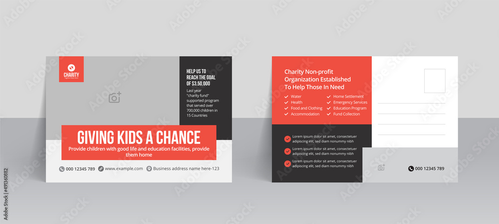 Charity postcard template with kids help donation banner design Stock ...