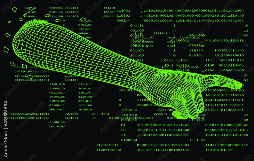 Low-poly 3D hand on dark background with binary code. Retrofuturistic ...