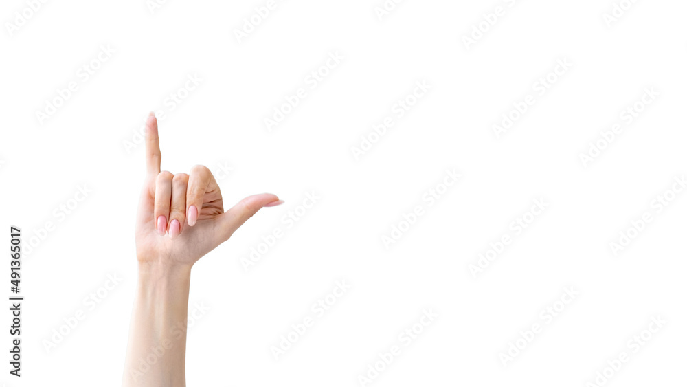 Shaka sign. Call gesture. Hang loose. Ringing phone sign. Female hand ...