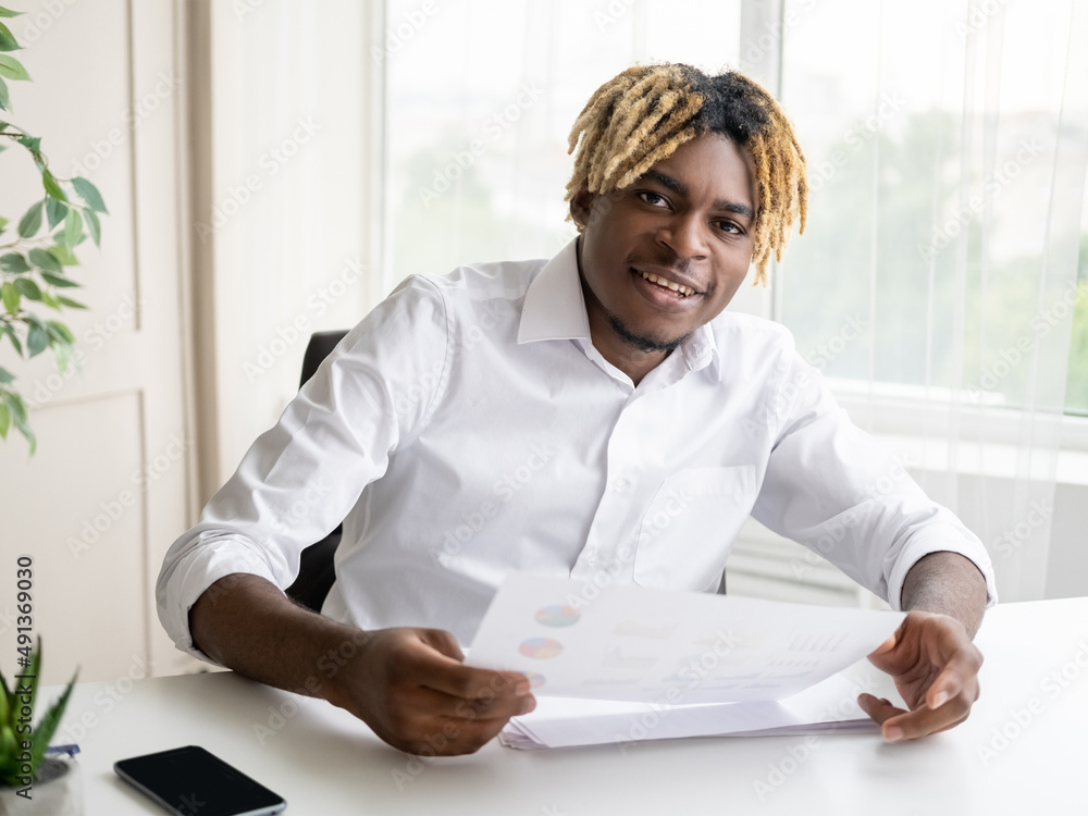 Office work. Happy black man. Business look. Handsome positive guy ...