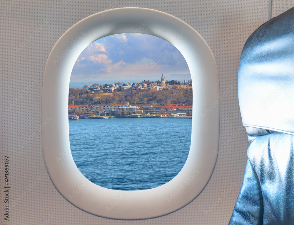 Topkapi Palace as seen through window of an aircraft - Istanbul, Turkey ...