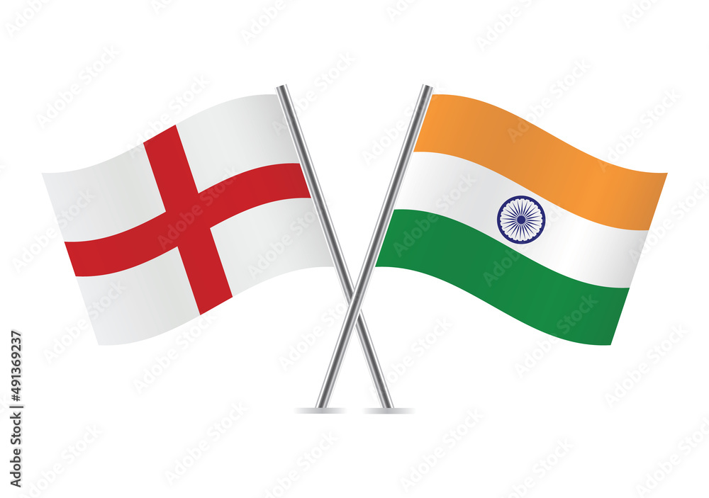 England and India crossed flags. English and Indian flags, isolated on ...