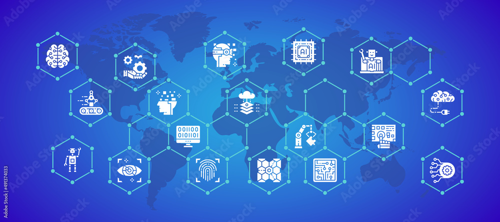 Artificial Intelligence illustration design template. Robotics, Chatbot, Database, Big Data for ...