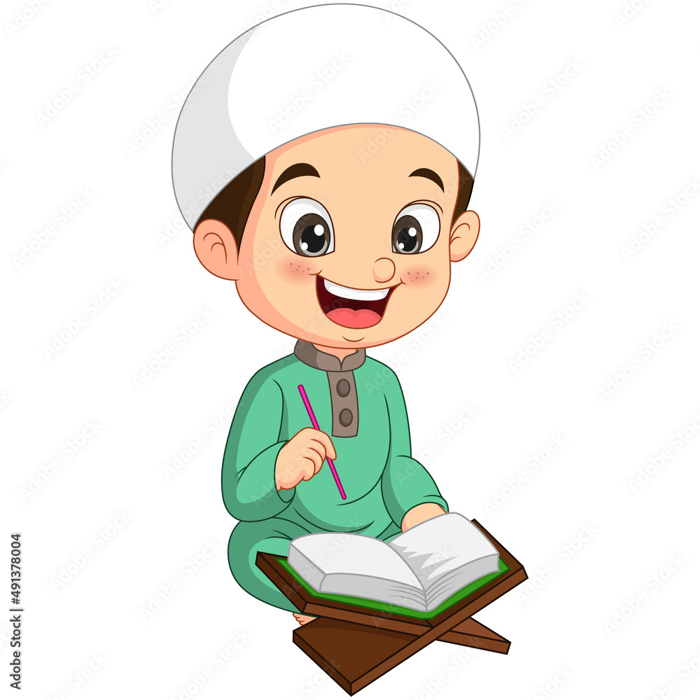 Cartoon muslim boy reading Quran Stock Vector | Adobe Stock