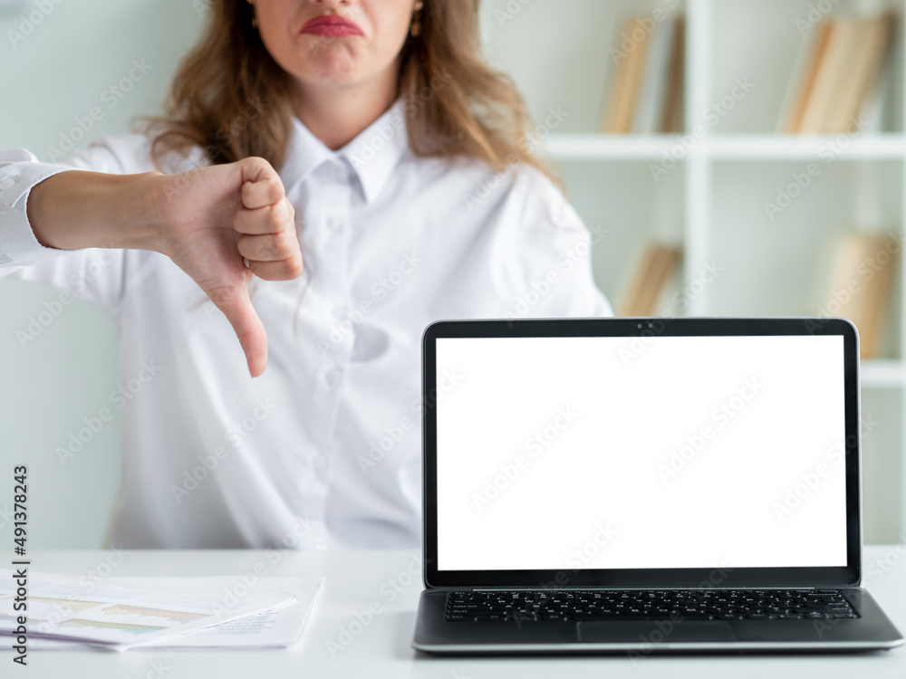 Dislike gesture. Office woman. Computer technology. Unrecognizable ...