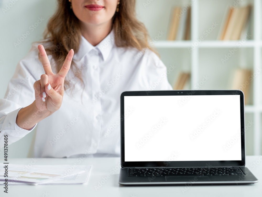 Two fingers gesture. Office woman. Online education. Unrecognizable ...