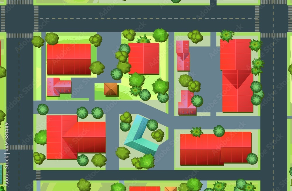 Small quarter. Streets of city. Top View from above. Small town house ...