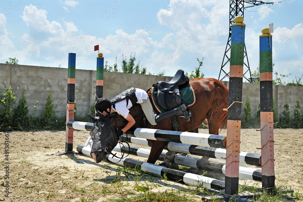 Falling rider with a horse while overcoming a barrier Stock Photo ...