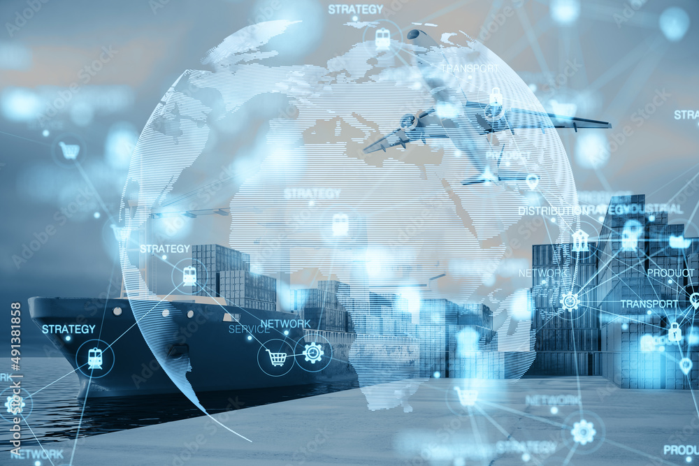 Abstract glowing blurry global delivery scheme hologram on transport ...