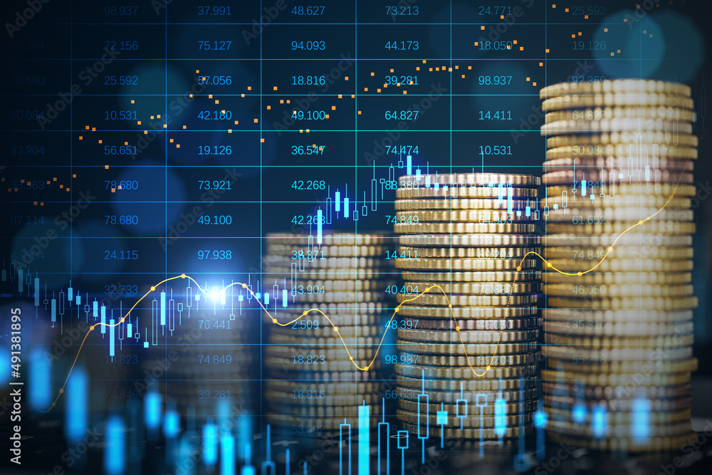 Abstract image of growing coin stacks and candlestick forex chart on ...