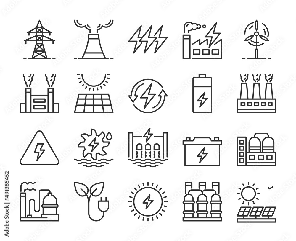 Power plant icons. Power station line icon set. Editable Stroke. Stock ...