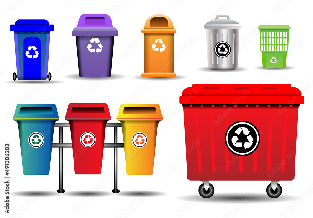 realistic garbage bin in various color red, green, blue, yellow. trash ...