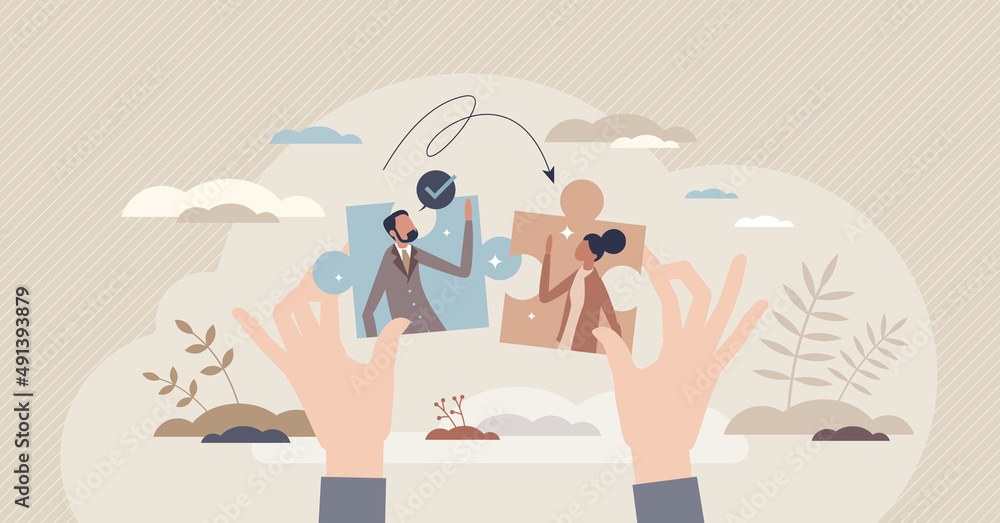 People collaboration and connect business together tiny person concept ...