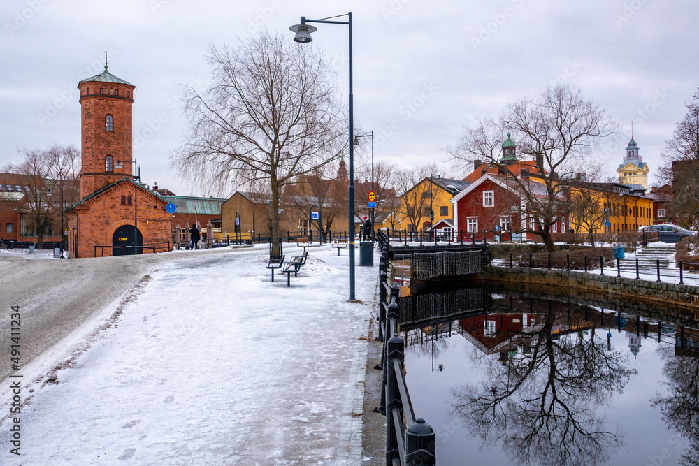 Old tow of Falun with traditional, picturesque, red wooden houses in ...